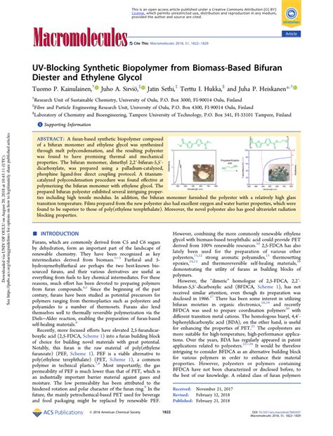 Pdf Uv Blocking Synthetic Biopolymer From Biomass Based Bifuran Diester And Ethylene Glycol