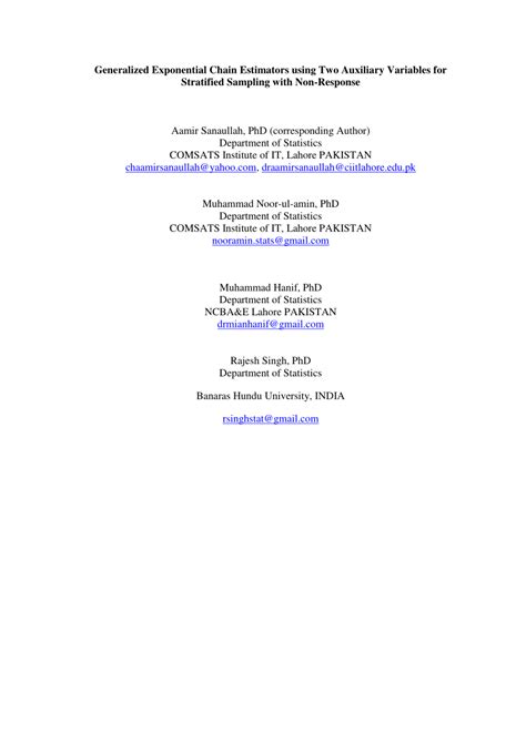 Pdf Generalized Exponential Chain Estimators Using Two Auxiliary Variables For Stratified