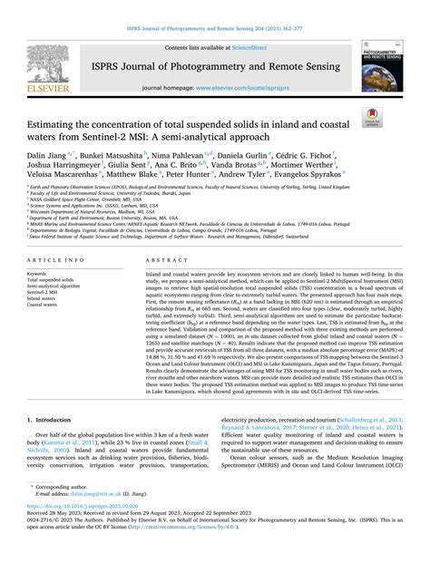 Pdf Estimating The Concentration Of Total Suspended Solids In Inland And Coastal Waters From