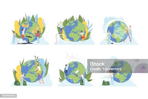 청소 도구로 지구 행성을 청소하는 사람들 지구를 돌보는 자원 봉사자 자연과 생태 보호 지구의 날 개념 만화 벡터 그림 개념에