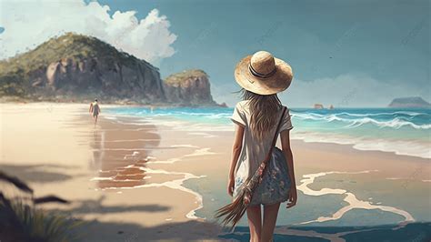 여름 여행 소녀 해변 산책 풍경 여름 관광 여행 여름의 해변 풍경 배경 일러스트 및 사진 무료 다운로드 Pngtree