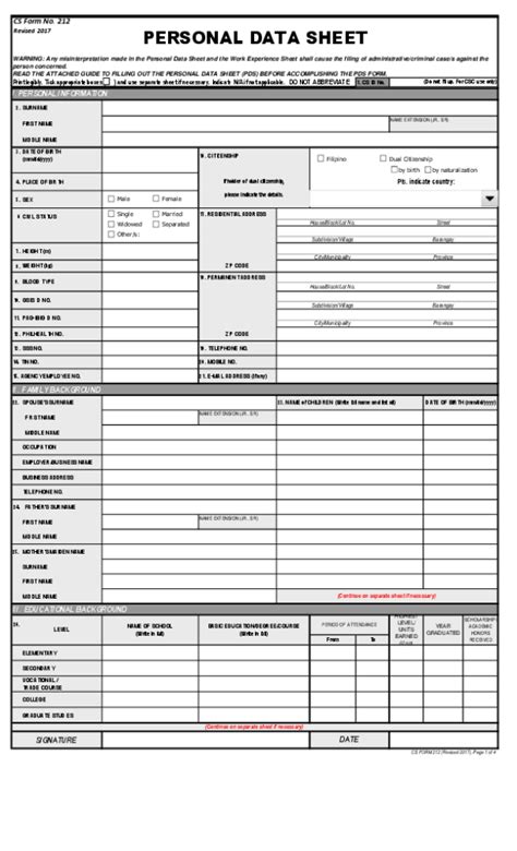 Personal Data Sheet Csc Form 212 Revised Psd Documents Store