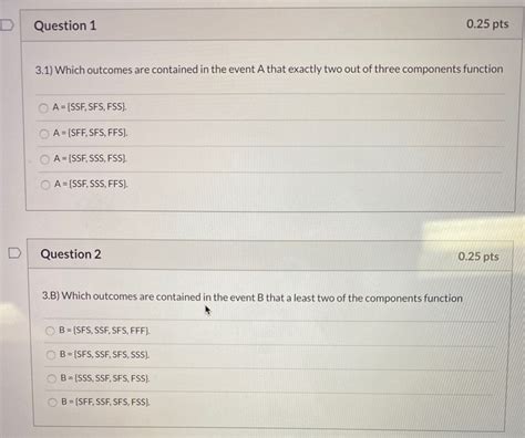 solved 0 25 pts question 1 3 1 which outcomes are contained