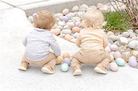 Adorable Twins Easter Egg Hunt Pastel Colors Stock Illustration