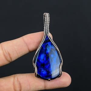 Blue Flash Labradorite Gemstone Pendant Copper Wire Wrapped Pendant