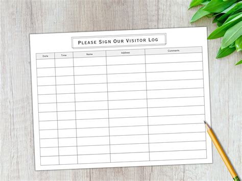 Printable Visitor Log Visitor Sign In Sheet Visitor Logbook Visitor