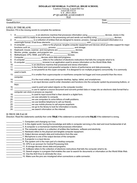 4th assessment pdf input output computer data storage