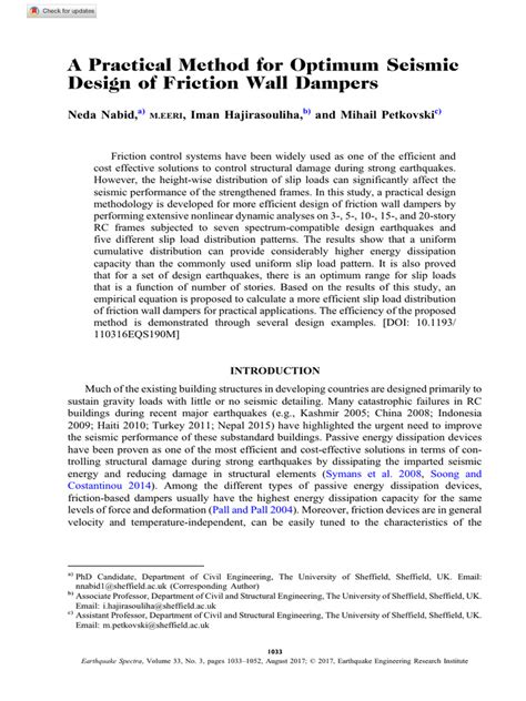 Nabid Et Al 2017 A Practical Method For Optimum Seismic Design Of Friction Wall Dampers Pdf