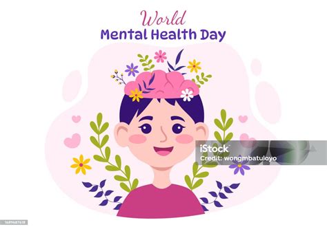 10월 10일 세계 정신 건강의 날 벡터 일러스트레이션은 플랫 만화 손으로 그린 배경 템플릿에서 뇌의 건강한 문제와 심장을 가지고 있습니다 World Mental