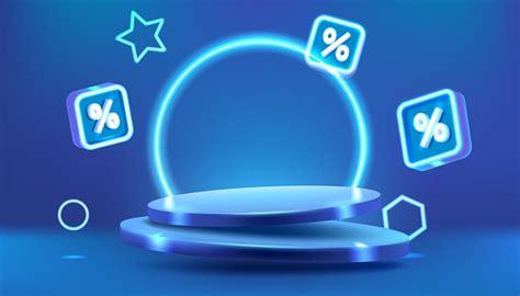 판매 배경 3d 블루 포디움 제품 전시회 할인 비율 쇼핑 제안 네온 라이트 프레임 상점 프로모션 빛나는 쇼케이스 빈 실린더 받침대 벡터 배너 디자인 퍼센트 기호에 대한 스톡