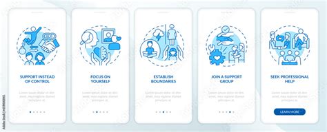 2d Icons Representing Codependent Relationship Mobile App Screen Set Walkthrough 5 Steps Blue