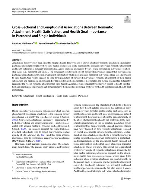 Cross Sectional And Longitudinal Associations Between Romantic Attachment Health Satisfaction