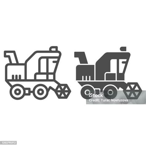 라인과 솔리드 아이콘 중장비 컨셉 농업용 차량 사인을 흰색 배경에 결합하고 모바일 컨셉과 웹 디자인을 위한 윤곽 스타일로 수확기 아이콘을 결합합니다 벡터 그래픽 콤바인에