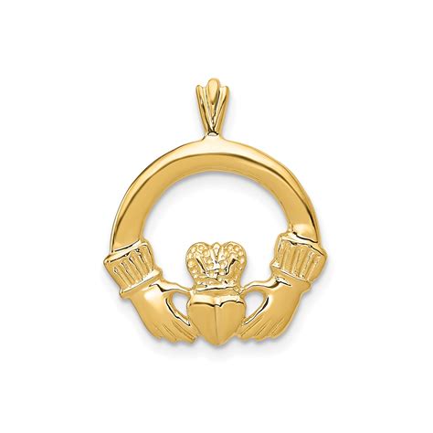 10k Yellow Gold Claddagh Pendant Necklace With Crowned Heart And Hands
