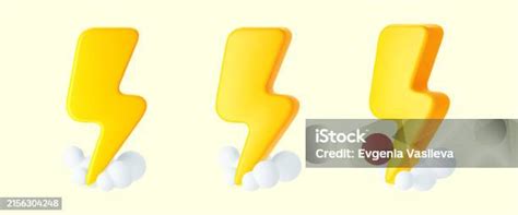 연기 구름이 있는 3d 노란색 벼락 흰색 배경에 고립된 번개 아이콘 번개 전기 타격 번개 섬광의 렌더링 3d 만화 간단한 벡터 일러스트 레이 션 3차원 형태에 대한 스톡