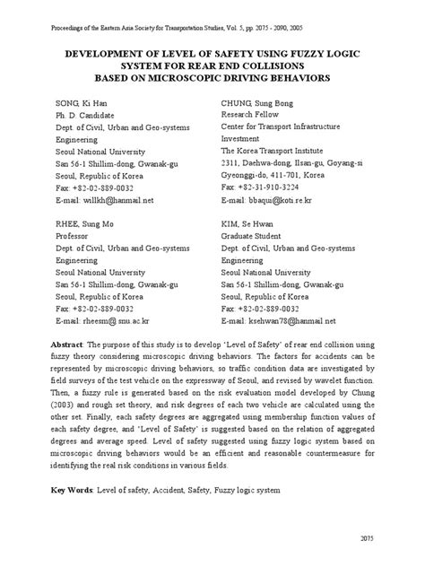 Pdf Development Of Level Of Safety Using Fuzzy Logic System For Rear End Collisions Based On
