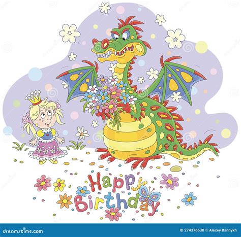 Birthday Card With A Little Princess And A Dragon Stock Vector Illustration Of Little Royal