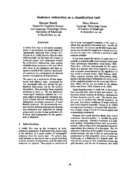 Pdf Sentence Extraction As A Classification Task