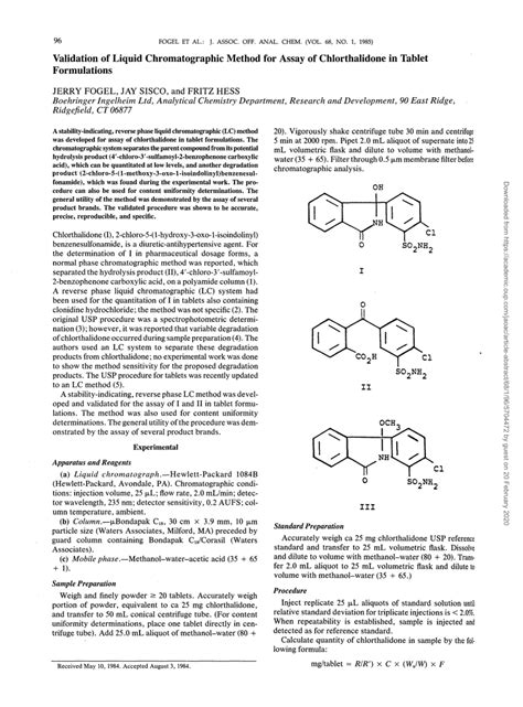 Pdf Validation Of Liquid Chromatographic Method For Assay Of Chlorthalidone In Tablet Formulations