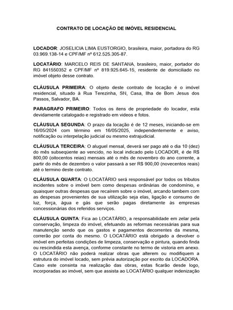 Modelo De Contrato De Locacao De Imovel Residencial Download Grátis