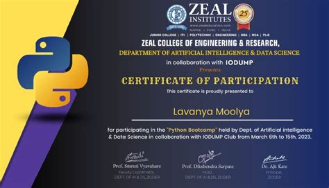certificate of participation in python bootcamp by iodump club