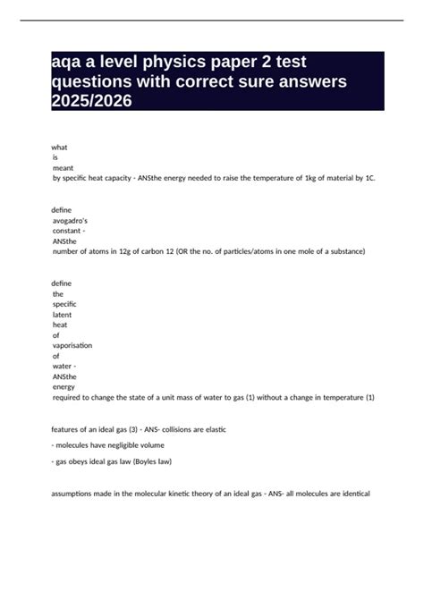 Aqa A Level Physics Paper 2 Test Questions With Correct Sure Answers 2025 2026 Aqa A Level