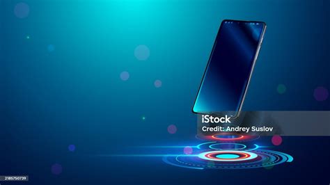 테크 서클 스테이지에 전화 미래 지향적인 연단에 있는 전화 모형 프레젠테이션을 위해 연단 위로 공중에 떠 있는 전화기 스마트폰 또는 가제트 모형 광고 미래 디지털 플랫폼에서