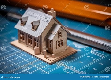 Blueprint And Measuring Tools On Cardboard House For Architectural Planning Stock Illustration