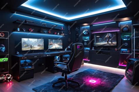 Premium Photo Contrasting Darkthemed Gaming Room With Bright Accents