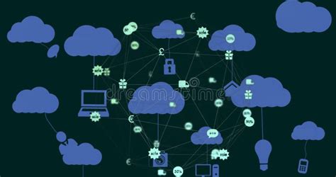 Image Of Icons Hanging On Clouds And Interconnecting With Lines Against Abstract Background