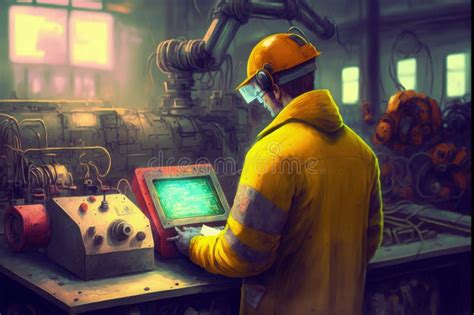 Man Controlling Robot With Wireless Device In Industrial Facility Stock