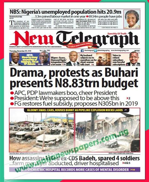 Nigerian Newspapers Front Page Headlines Thursday 20th December 2018