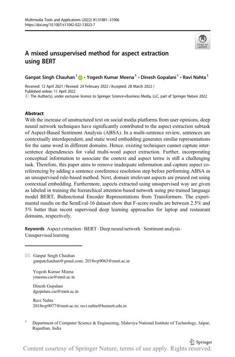 A Mixed Unsupervised Method For Aspect Extraction Using Bert Request Pdf