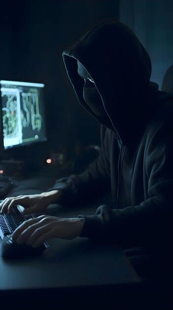 Premium Ai Image Hacker Using Computer At Night In Dark Room Cybercrime Concept