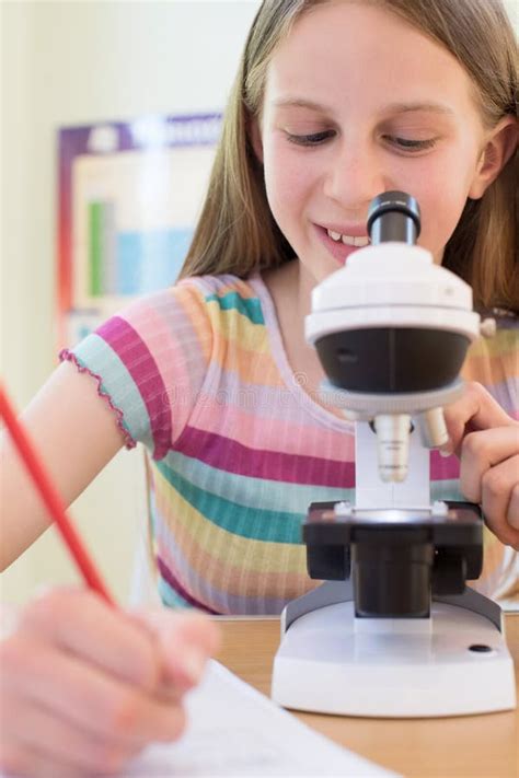 Female Babe With Microscope In Science Class Stock Image Image Of Girl Lesson