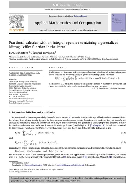 Pdf Fractional Calculus With An Integral Operator Containing A Generalized Mittag Leffler