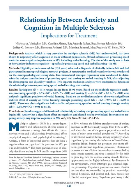 Pdf The Relationship Between Anxiety And Cognition In Multiple Sclerosis Implications For