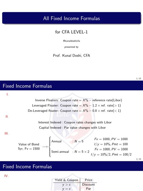 All Fixed Income Formulas For Level 1 By Kunal Doshi Cfa 1684453409 Pdf Bond Duration