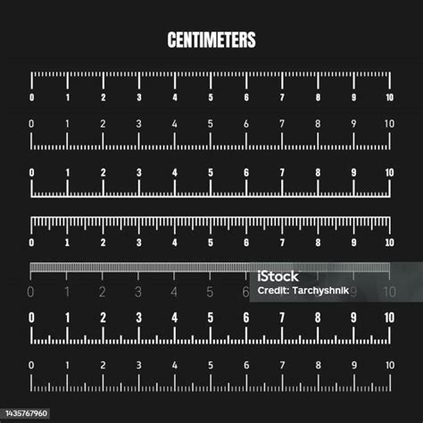 길이 또는 높이를 측정하기위한 사실적인 흰색 센티미터 스케일 분할이 있는 다양한 측정 스케일 눈금자 테이프 측정 표시 크기 표시기 벡터 일러스트 레이 션 교육에 대한 스톡