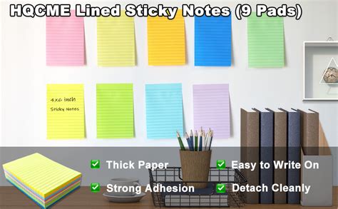 Hqcme 9 Pack Lined Sticky Notes 4x6 In Post 9 Pastel Colors Large Ruled Post