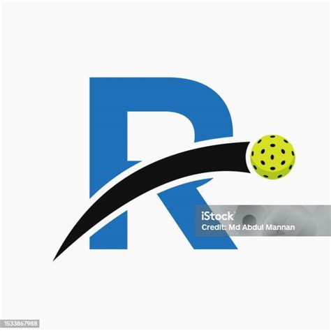 움직이는 피클볼 아이콘이 있는 문자 R에 피클볼 로고 피클볼 사인 템플릿 Championship에 대한 스톡 벡터 아트 및 기타
