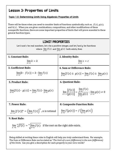 Notes 13 Properties Of Limits Pdf Function Mathematics Real Number