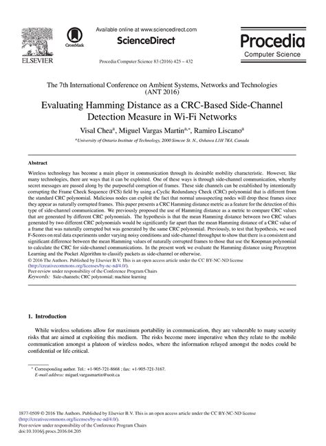 Evaluating Hamming Distance As A CRC Based Side Channel Procedia Computer Science 83 2016