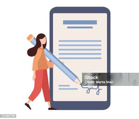 디지털 서명 개념 스마트 폰 화면에서 전자 비즈니스 계약서에 서명하는 비즈니스 여성 벡터 플랫 일러스트 레이 션 전자 서명에 대한 스톡 벡터 아트 및 기타 이미지 Istock