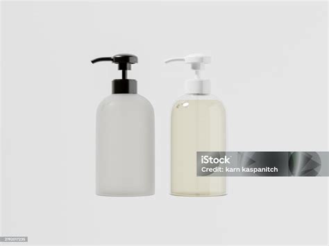 정면도 원통형 펌프 병 모형 반투명 플라스틱 액체 디스펜서 병 젖빛 플라스틱 바디 워시 포장 액체 화장품 용기 엘레전트 스킨케어 제품 병 모형 0명에 대한 스톡 사진 및
