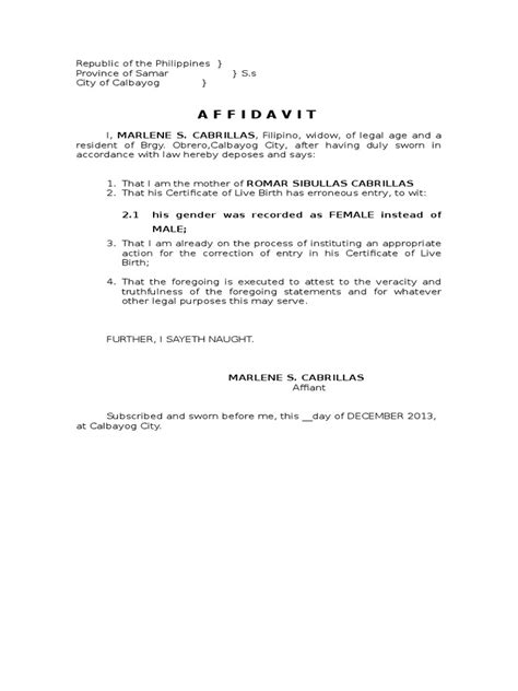 Sample Affidavit Correction Entry Politics Common Law