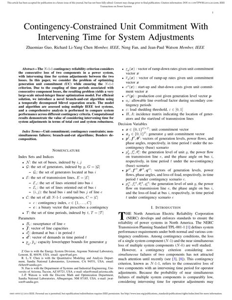 Pdf Contingency Constrained Unit Commitment With Intervening Time For System Adjustments