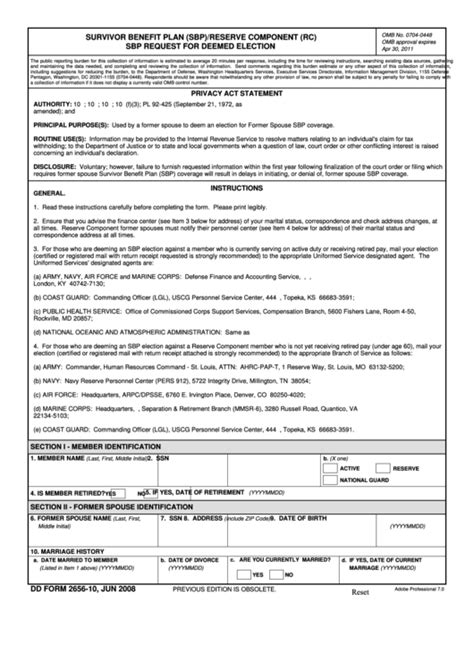 Fillable Dd Form 2656 10 Survivor Benefit Plan Sbp Reserve Component Rc Sbp Request For