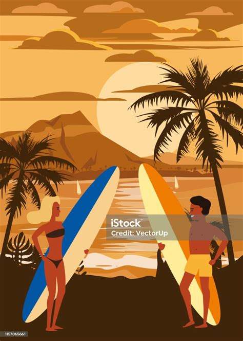 해변 일몰 해안 야자수에 서퍼 남자와 여자 커플 서핑을 준비하세요 리조트 열대 바다 바다 벡터 절연 복고풍의 포도주 포스터 배너 가족에 대한 스톡 벡터 아트 및 기타 이미지