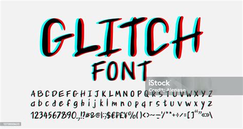 디지털 글리치 글꼴 파란색과 빨간색 스테레오 색상 효과와 필기 알파벳 문자와 숫자 예술 음악 영화 디자인을 위한 추상 글꼴
